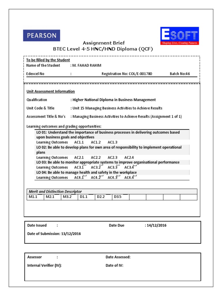 Assignment Brief BTEC Level 4-5 HNC/HND Diploma (QCF) : Merit and ...