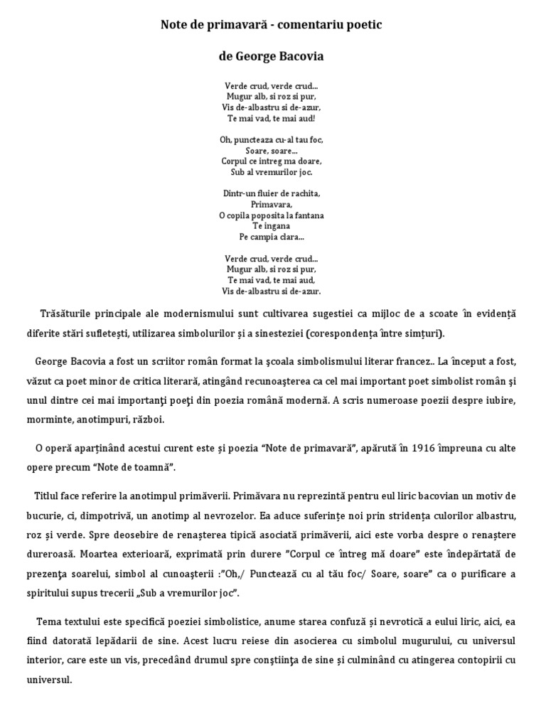 Note de Primavara de G. Bacovia - Comentariu Poetic | PDF