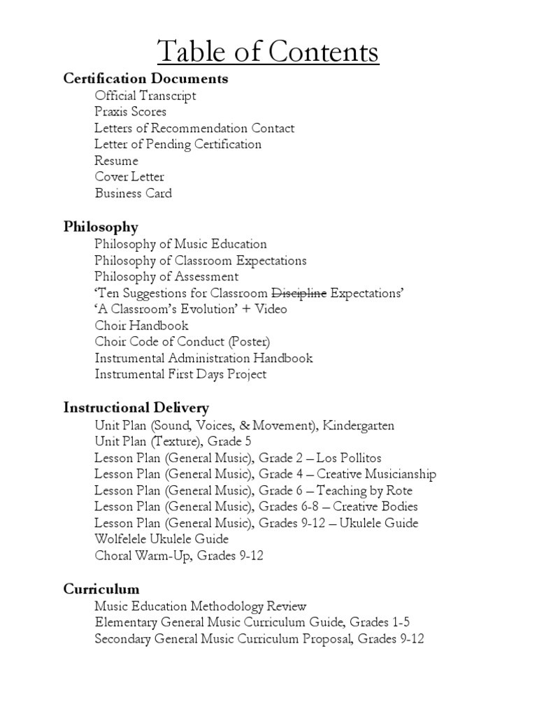 Portfolio Table of Contents | PDF | Music Education | Lesson Plan