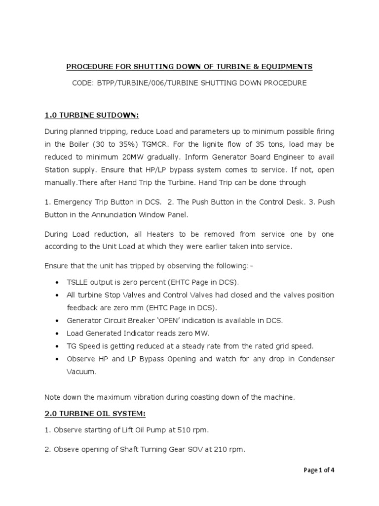 Procedure For Shutting Down of Turbine & Equipments | PDF | Valve | Boiler