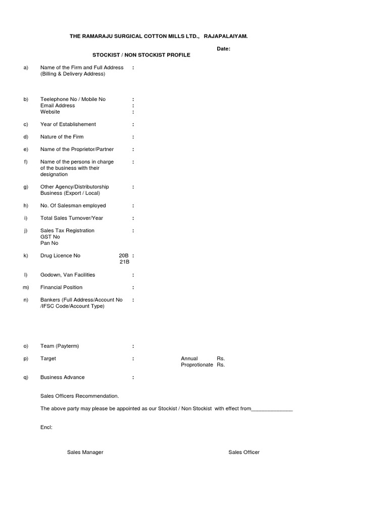 Stockist Profile Format | PDF | Finance & Money Management