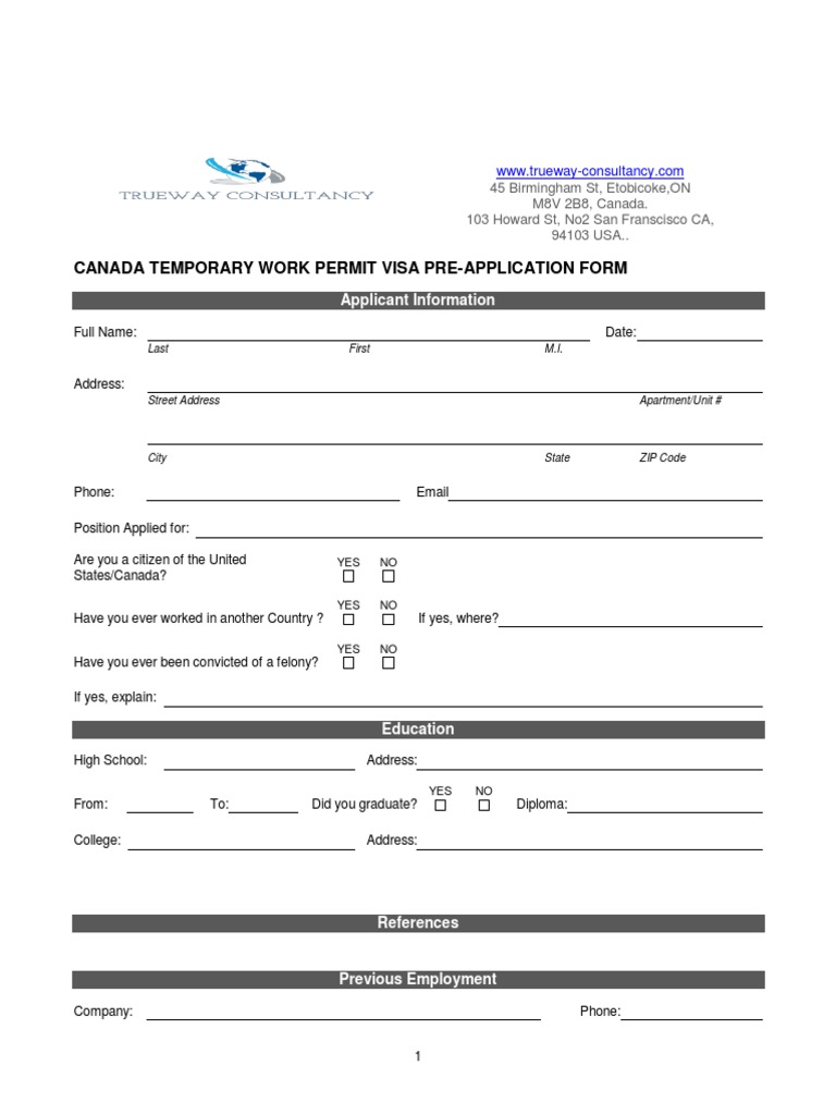 Canada Temporary Work Permit Visa Pre-Application Form | PDF ...