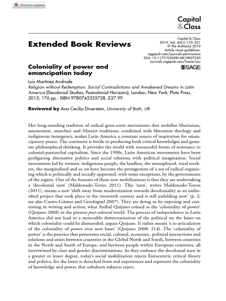 Extended Book Reviews: Coloniality of Power and Emancipation Today ...