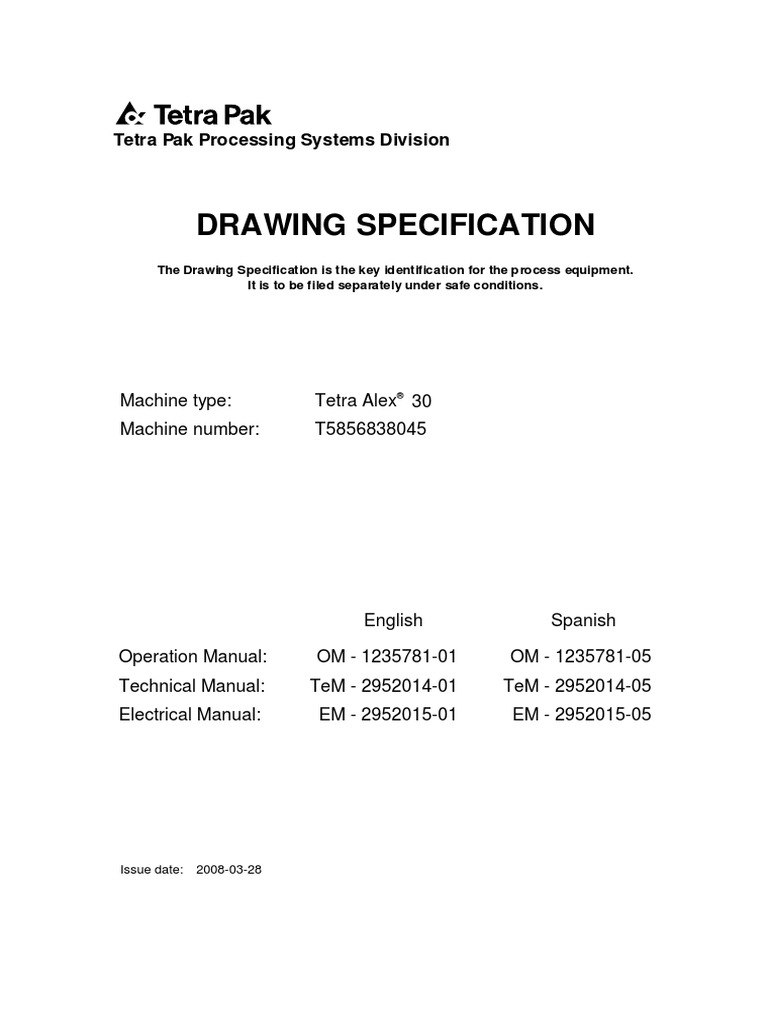Drawing Specification: Tetra Pak Processing Systems Division | PDF ...