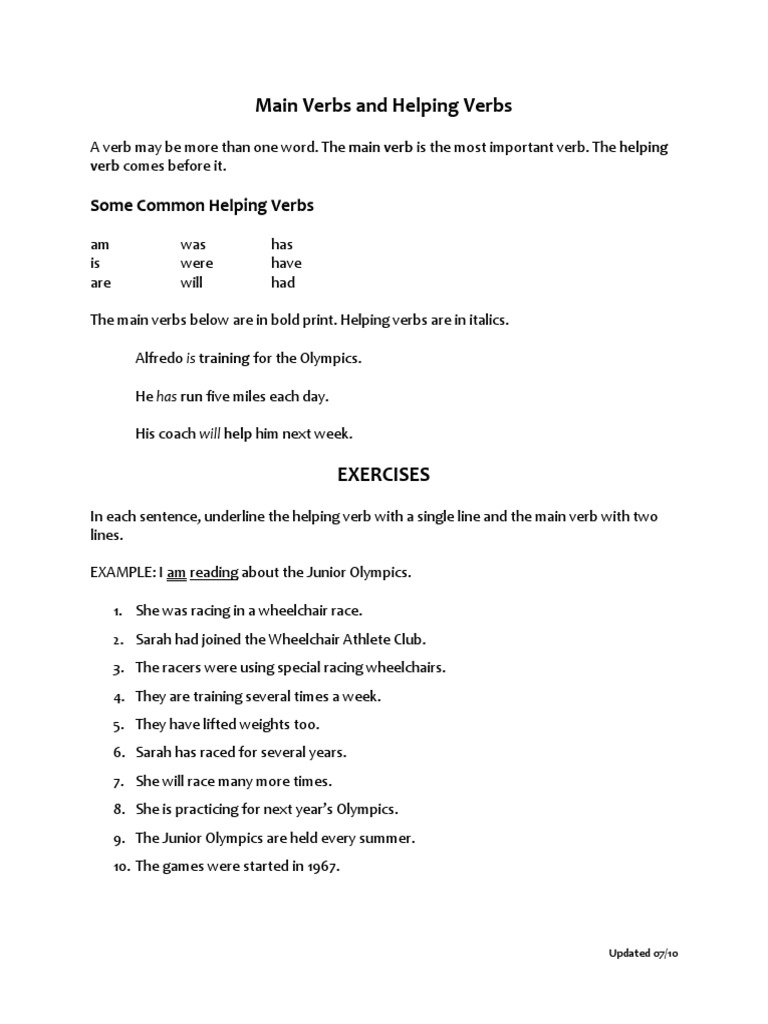 Main and Helping Verbs Worksheet | PDF