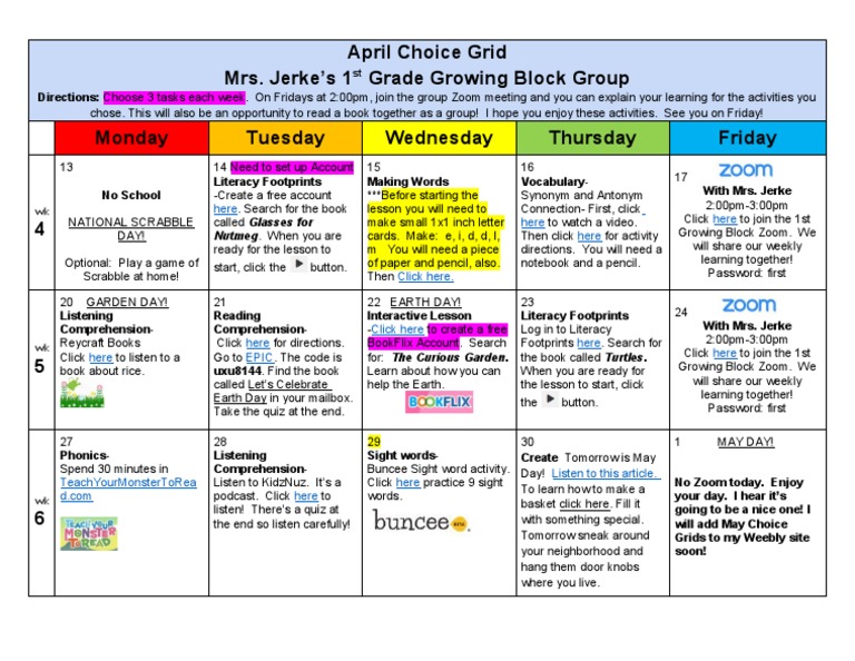 April Elearning 1st Grade Choice Grid | PDF | Learning