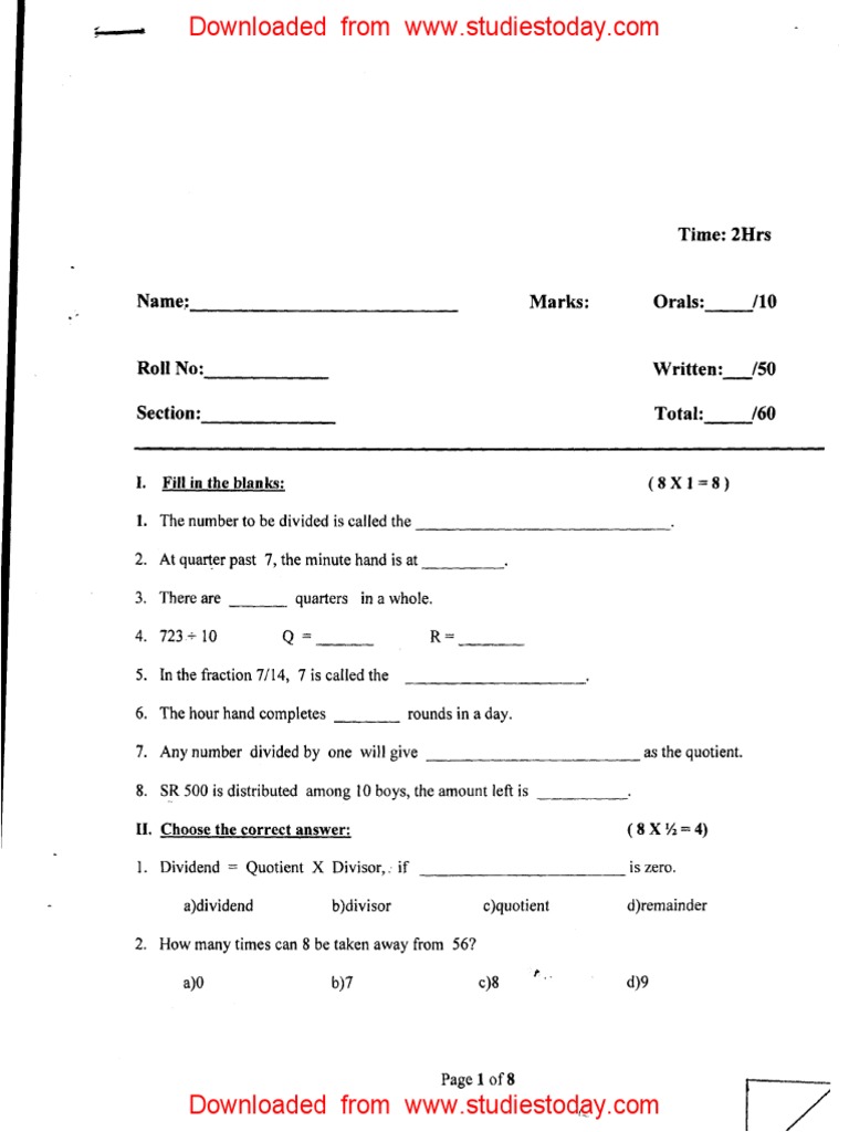 CBSE Class 3 Mathematics Question Paper Set K PDF | PDF | Career ...
