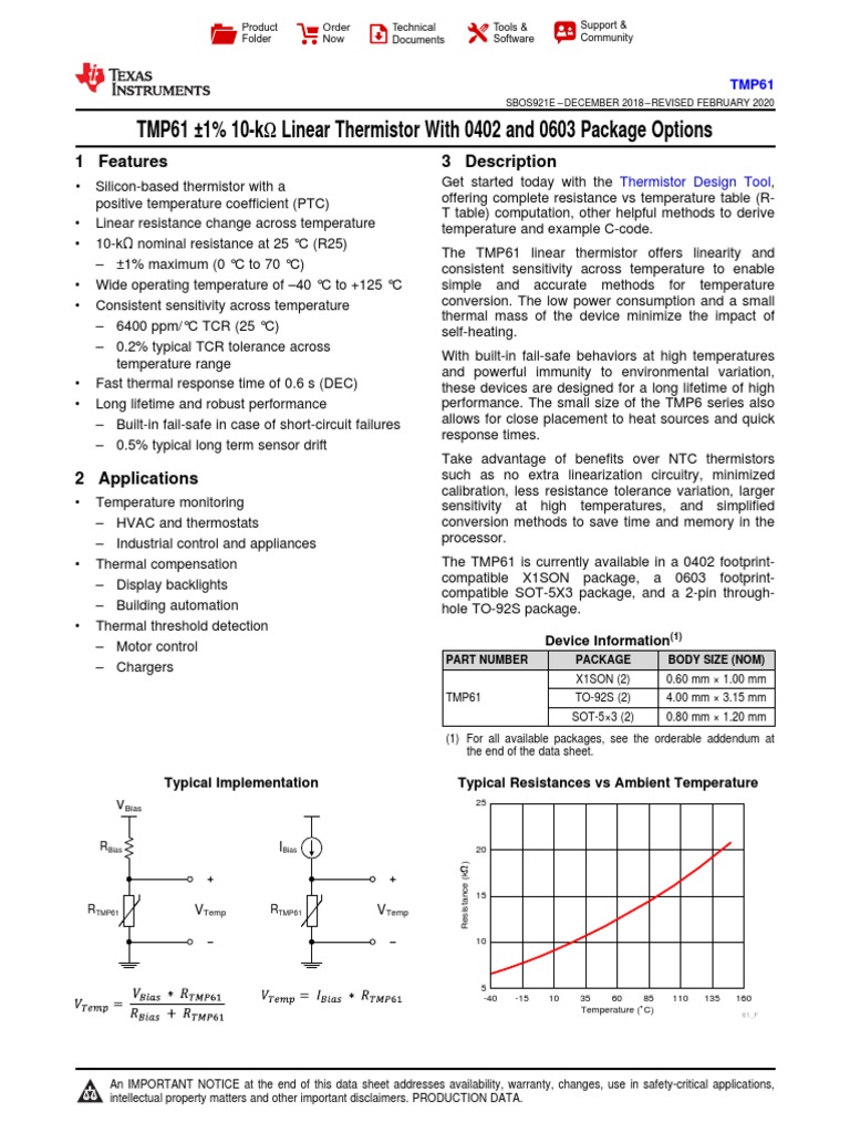 TMP61 ±1% 10-kΩ Linear Thermistor With 0402 and 0603 Package Options ...
