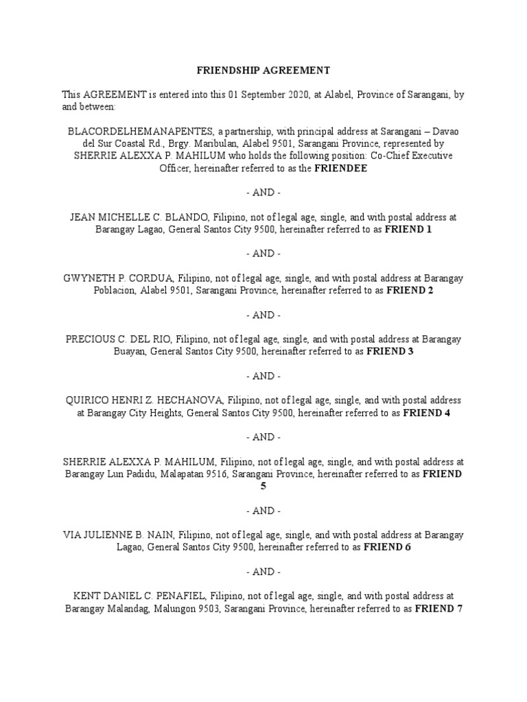Friendship Agreement Template | PDF | Non Disclosure Agreement | Employment