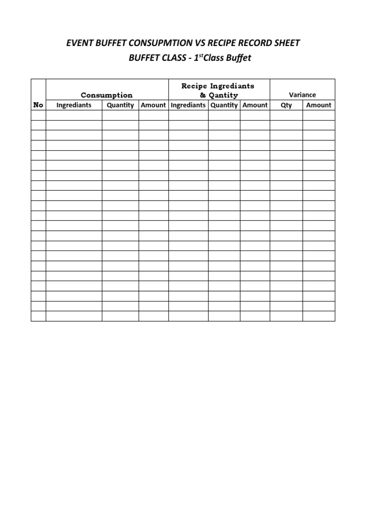 Event Buffet Consupmtion Vs Recipe Record Sheet Buffet Class - 1 Class ...