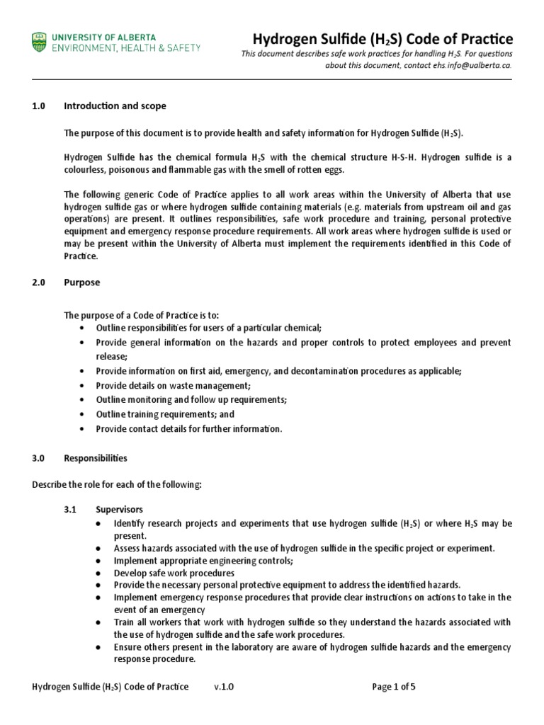 Hydrogen Sulfide (H S) Code of Practice: 1.0 Introduction and Scope | PDF | Laboratories ...