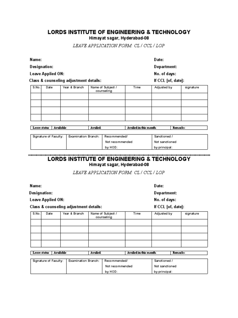 Lords Institute of Engineering & Technology: Leave Application Form: CL ...