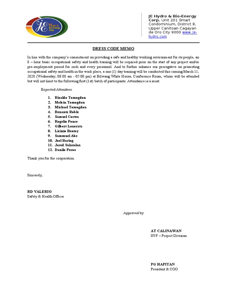 Dress Code Memo for Safety Training | PDF