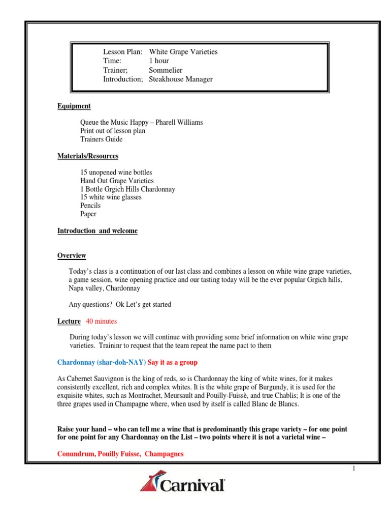 F SH Training Lesson Plan White Grape Varieties PSEA | PDF | Grape | Wine