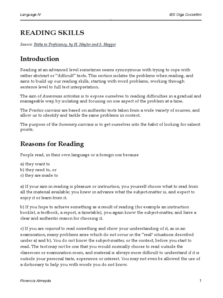 Reading Skills | PDF | Word | Reason