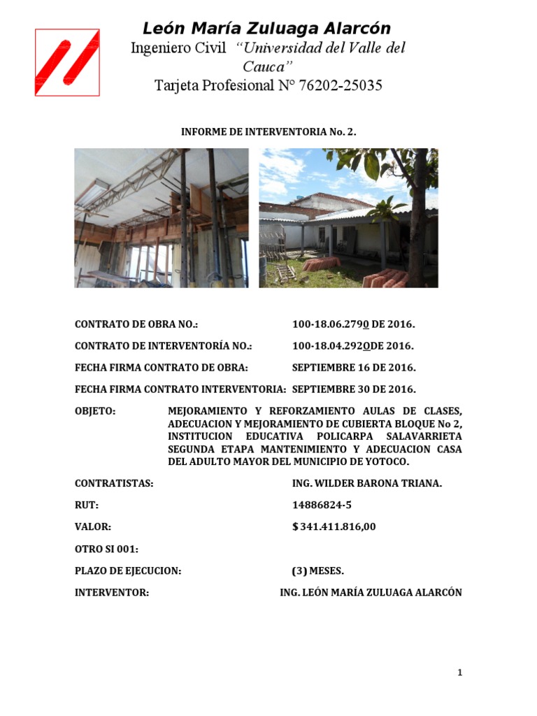 INFORME DE INTERVENTORIA No2 | PDF | Ingeniero civil | Sectores Economicos