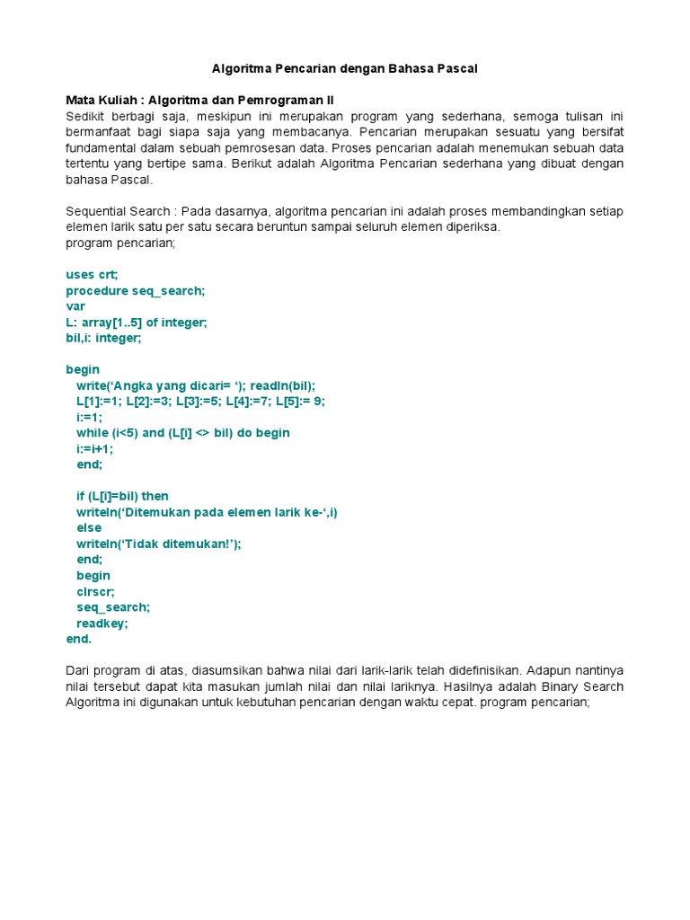 Algoritma Pencarian Dengan Bahasa Pascal | PDF | Komputer