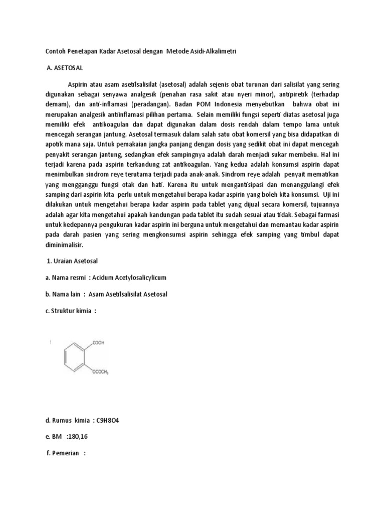 Contoh Penetapan Kadar Asetosal Dengan Metode Asidi | PDF