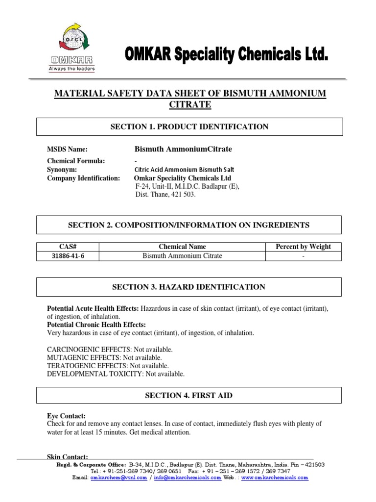 Bismuth Ammonium Citrate MSDS | PDF | Fires | Explosion