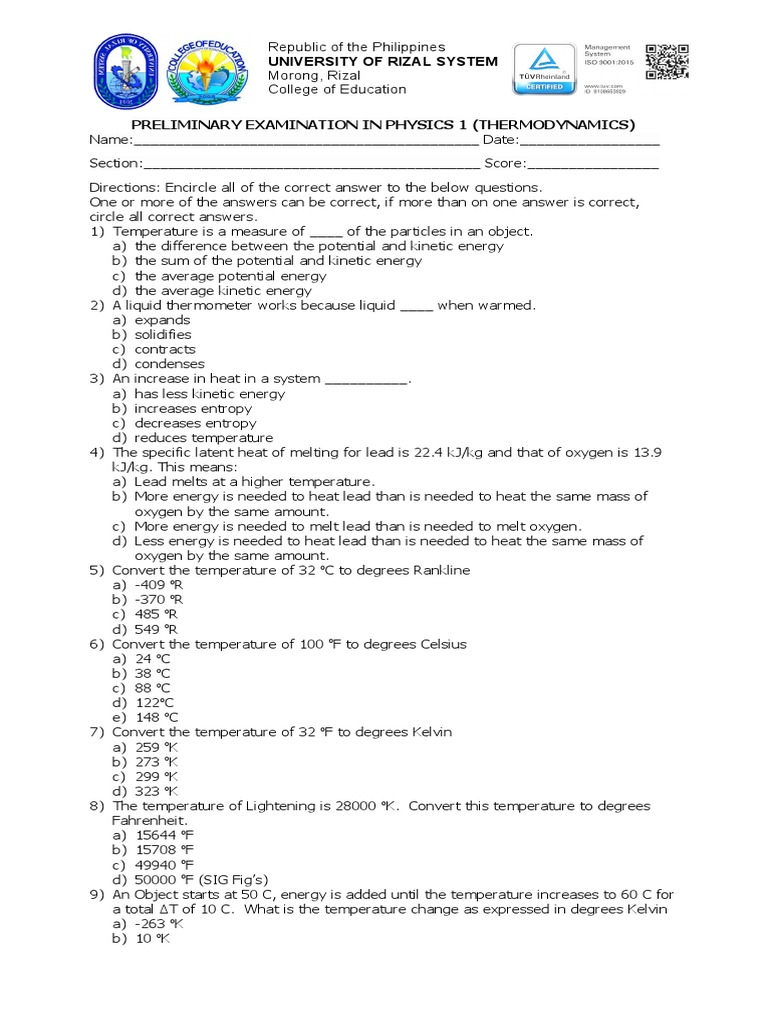 EXAM THERMO (True) 1 | PDF | Temperature | Heat