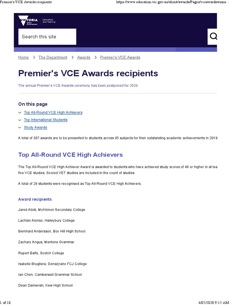 Premier's VCE Awards Recipients2019 | PDF | Schools