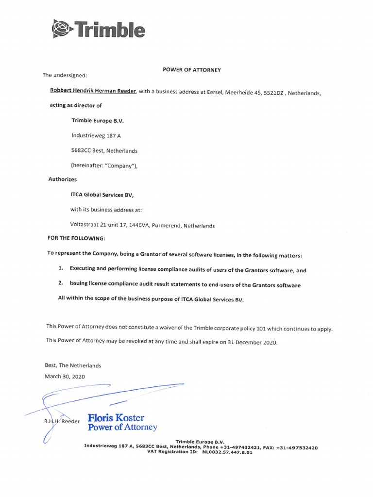 Power of Attorney ITCA - Trimble Europe B.V. | PDF