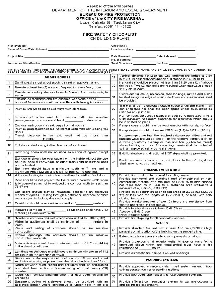 Fire Safety Checklist: Bureau of Fire Protection Office of The City ...