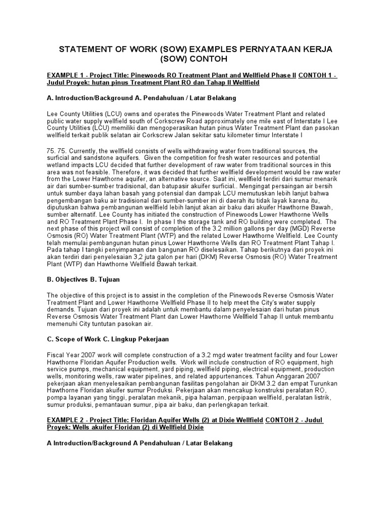 Statement of Work (Sow) Examples Pernyataan Kerja (Sow) Contoh | PDF ...