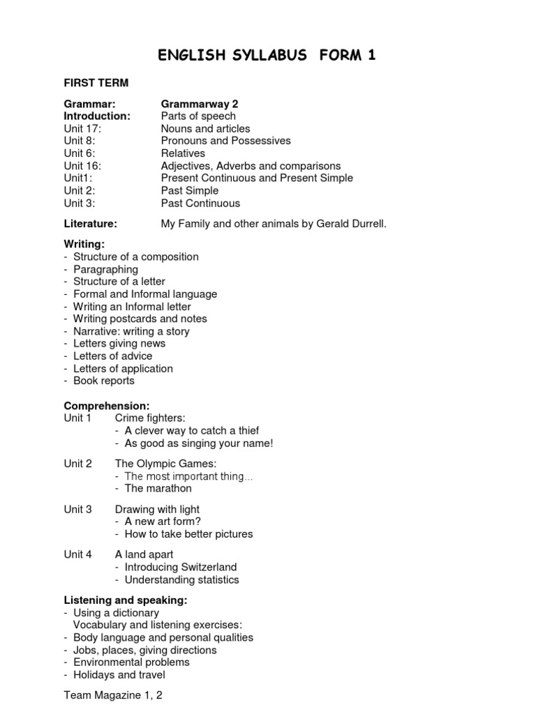 English Syllabus Form 1: First Term Grammar: Grammarway 2 | PDF | Part ...