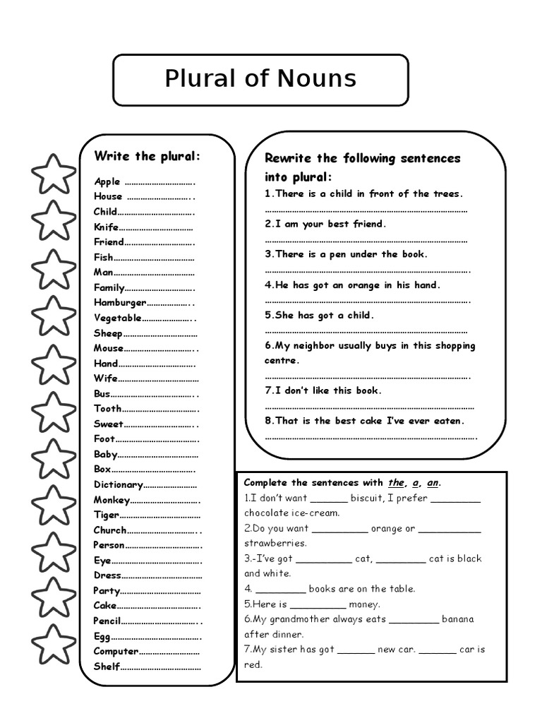 Plural of Nouns: Write The Plural: Rewrite The Following Sentences Into ...