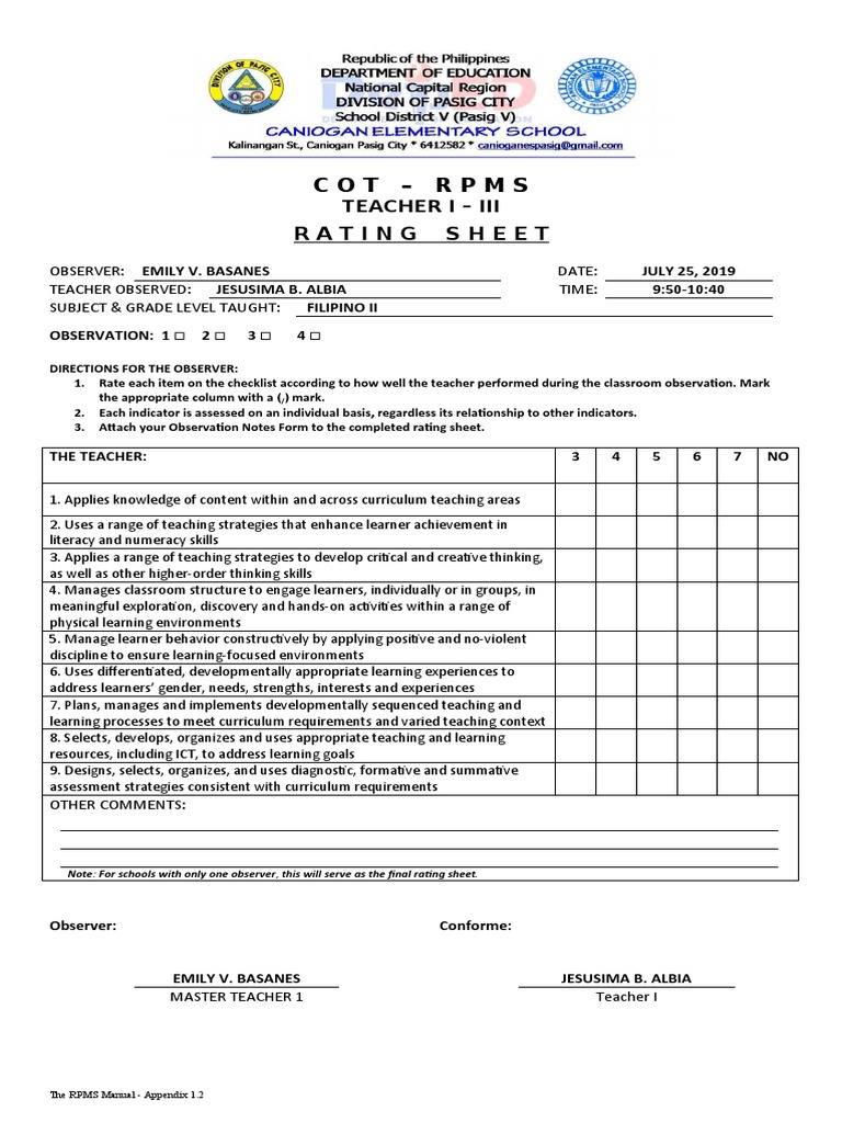 COT-RPMS Rating Sheet for Teachers | PDF | Curriculum | Educational ...