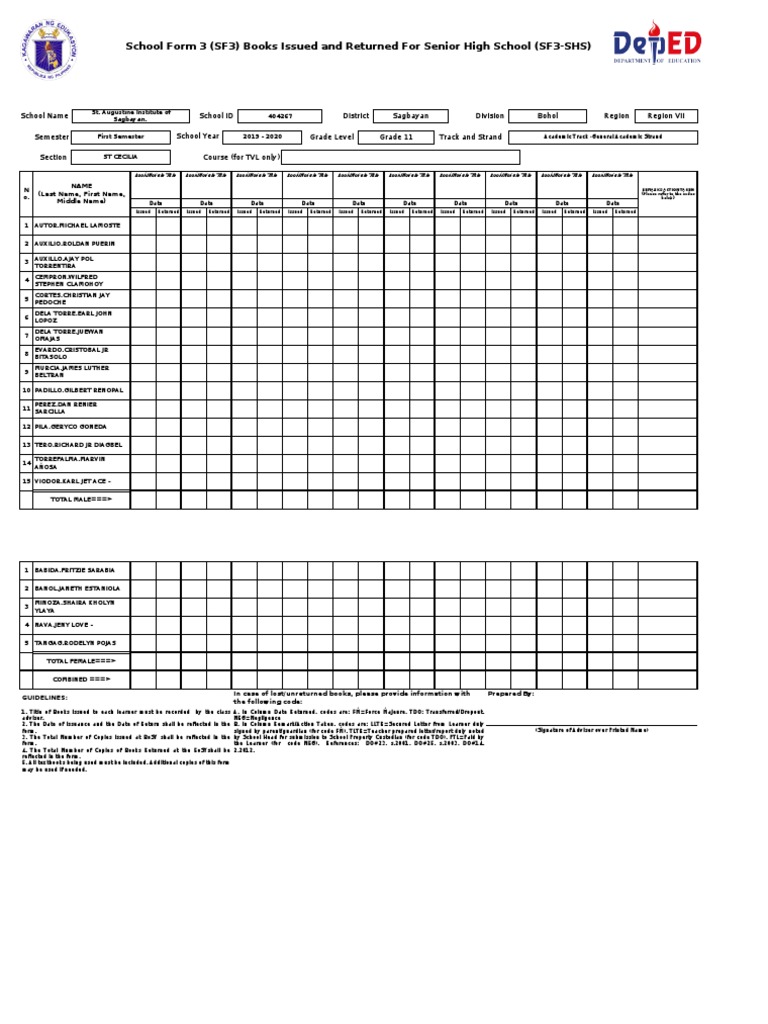School Form 3 (SF3) Books Issued and Returned For Senior High School ...