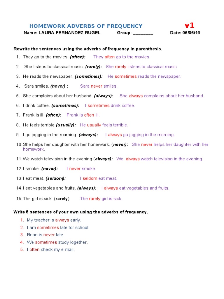 Homework Adverbs of Frequency: Often Rarely Sometimes Never Always ...