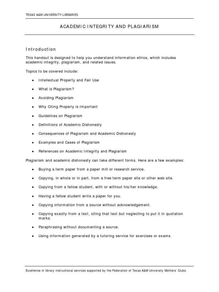 Academic Integrity and Plagiarism: Texas A&M University Libraries | PDF ...