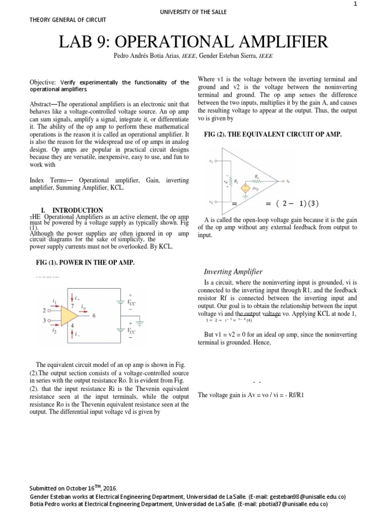 Lab 9: Operational Amplifier: Fig (2) - The Equivalent Circuit Op Amp ...