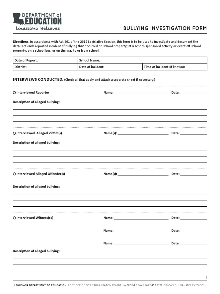 Bullying Investigation Form: Interviews Conducted | PDF | Bullying ...