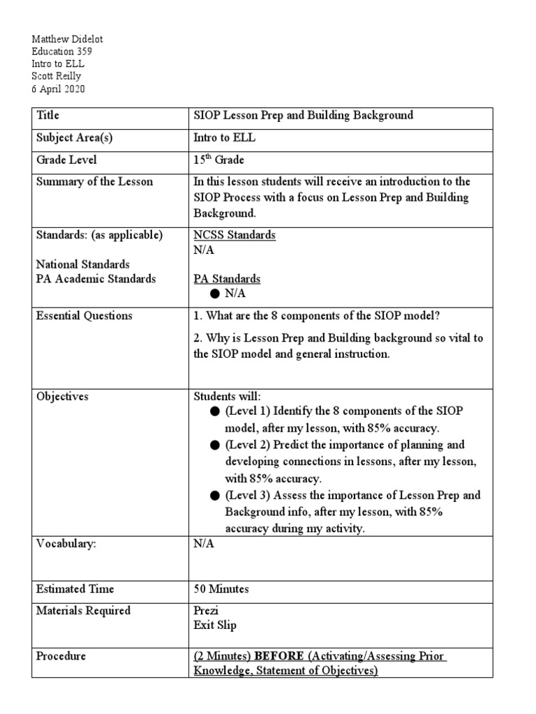 Siop Lesson Plan | PDF | Lesson Plan | Educational Assessment