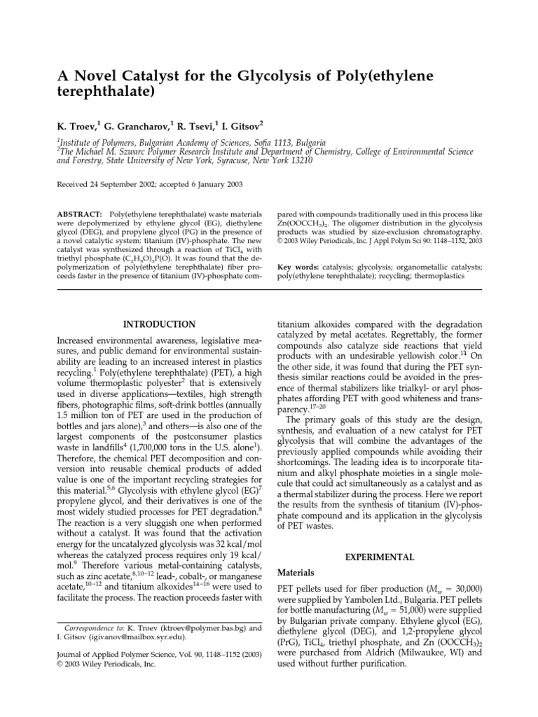 A Novel Catalyst For The Glycolysis of Polyethylene Terephthalate | PDF | Catalysis | Chemical ...