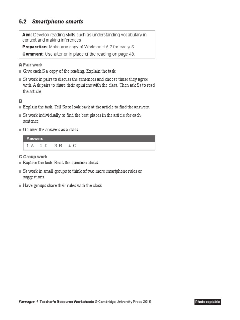 Passages3e SB1 Unit5 Teacher Resource Worksheet 2 | PDF