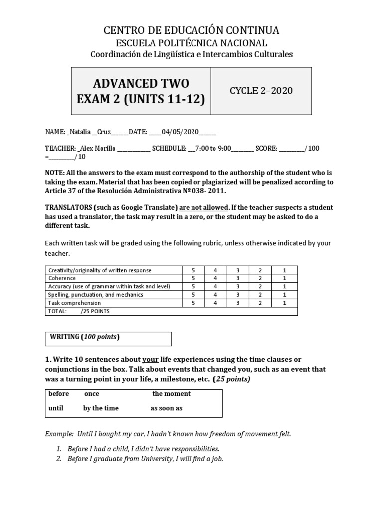 Advanced Two Exam 2 C2-2020 | PDF | Test (Assessment) | Language Mechanics