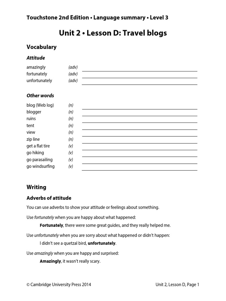 Unit 2 - Lesson D: Travel Blogs: Touchstone 2nd Edition - Language ...