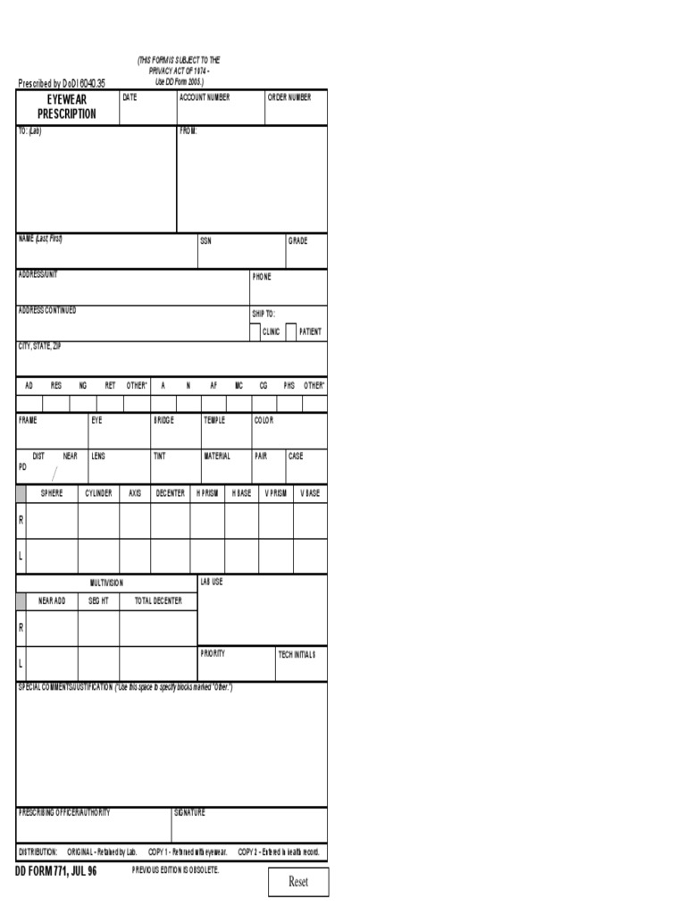 Request for Prescription Eyewear: Form to Provide Patient and Order ...