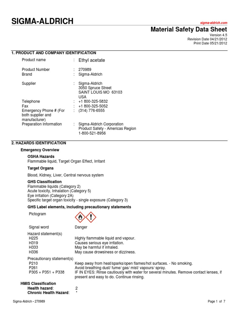 MSDS-Ethyl Acetate | Download Free PDF | Toxicity | Personal Protective ...