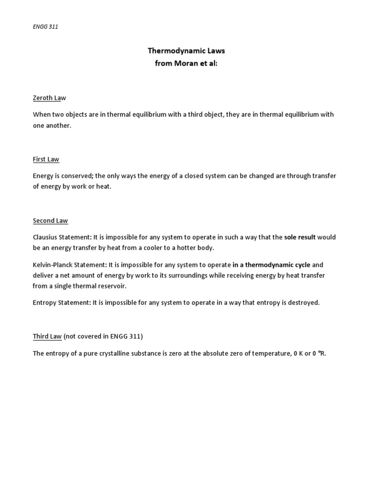 Thermodynamic Laws From Moran Et Al:: ENGG 311 | PDF