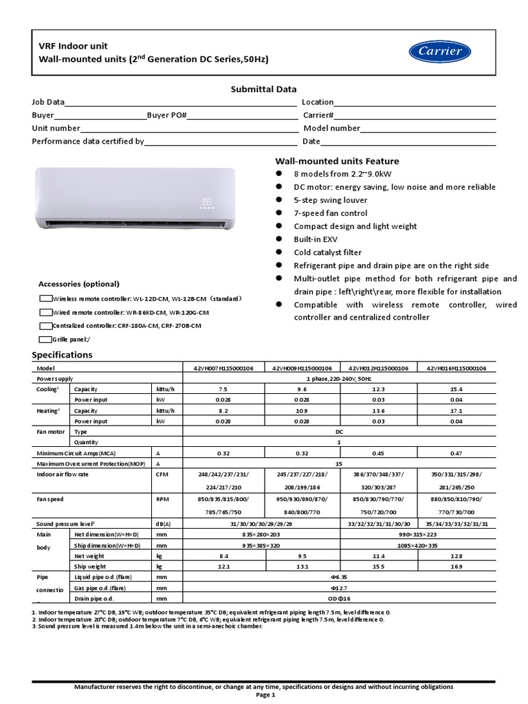 Wall-Mounted VRF Indoor Units Specs | PDF | Pipe (Fluid Conveyance ...