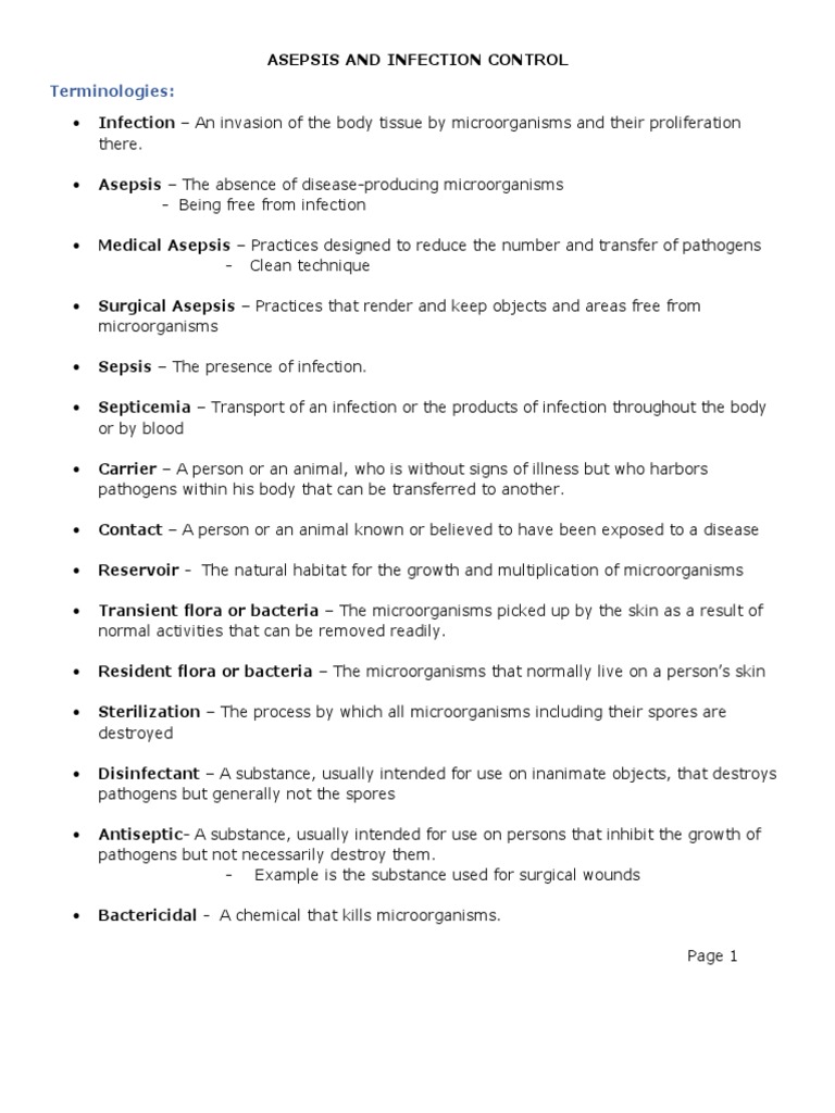 Terminologies:: Asepsis and Infection Control | PDF | Transmission (Medicine) | Pathogen