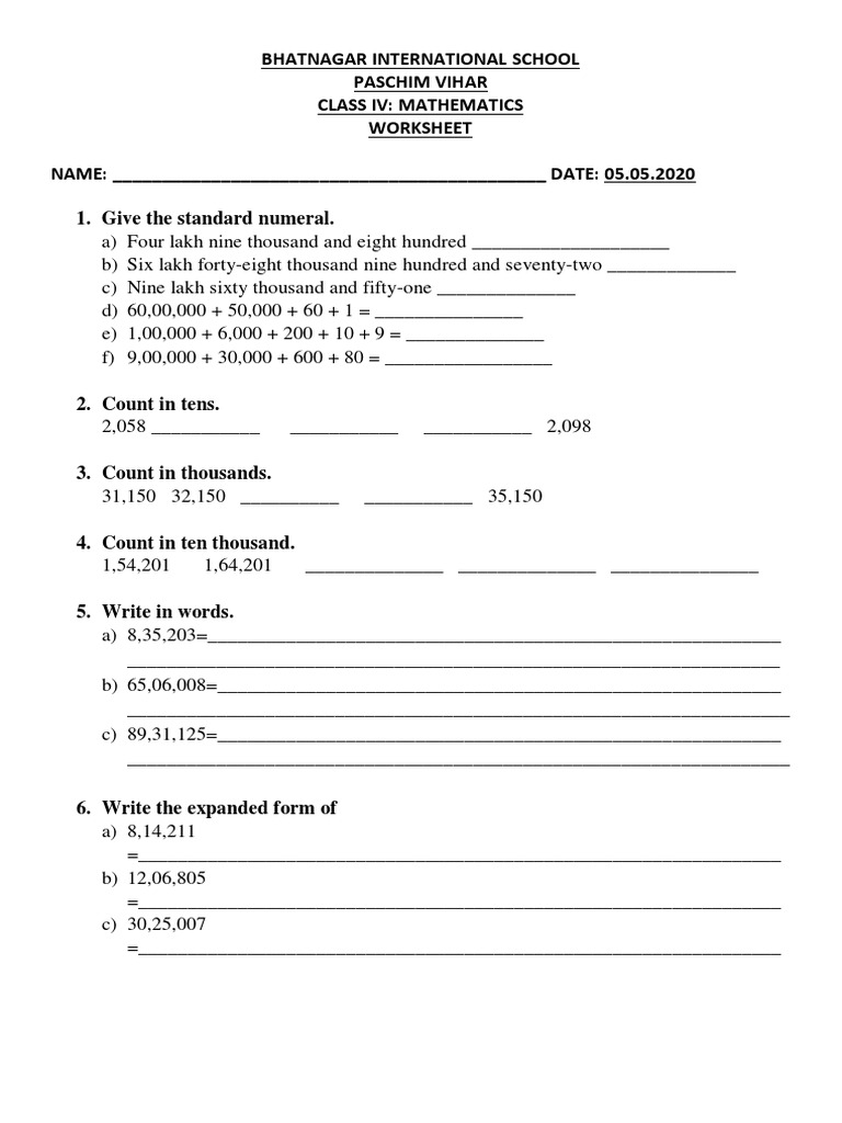 Class 4 Place Value Workseet-3 | PDF | Vocabulary | Signal Processing
