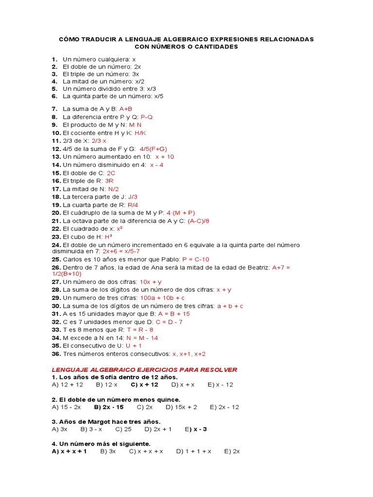 Cómo Traducir A Lenguaje Algebraico Expresiones Relacionadas Con Números o Cantidades | PDF ...