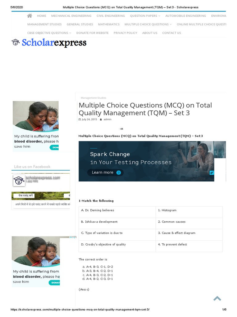 Multiple Choice Questions (MCQ) On Total Quality Management (TQM) - Set ...
