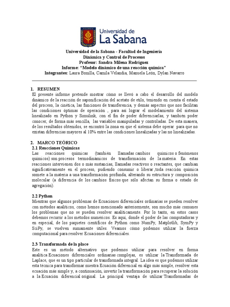 Informe Python-Simulink Reacción en CSTR | PDF | Ecuaciones ...